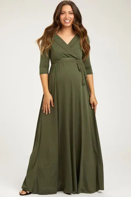 PINKBLUSH Draped 3/4 Sleeve Maternity Maxi Dress - Olive Green