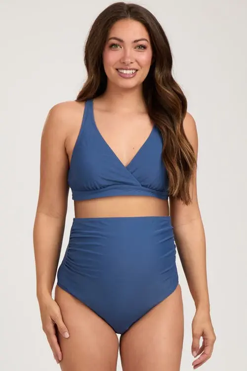 PINKBLUSH High Waist Maternity Bikini Set - Blue
