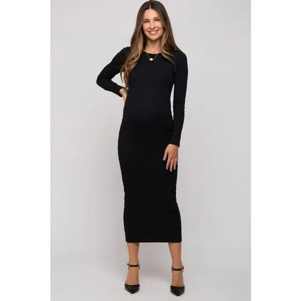 PINKBLUSH Ribbed Fitted Long Sleeve Midi Dress - Black