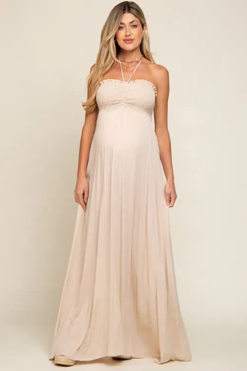 PINKBLUSH Smocked Halter Maxi Dress With Back Cutout - Beige