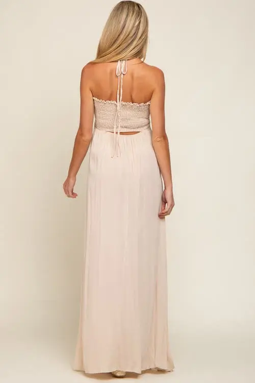 PINKBLUSH Smocked Halter Maxi Dress - Beige