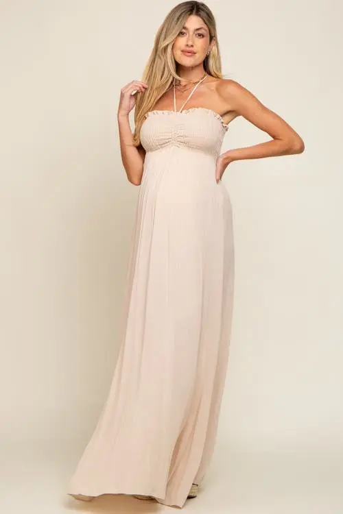 PINKBLUSH Smocked Halter Maxi Dress - Beige