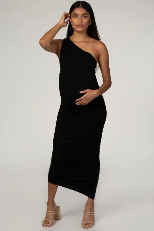 PINKBLUSH Ruched One Shoulder Maternity Dress - Black
