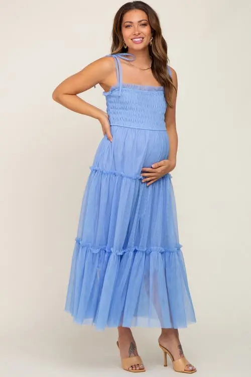 PINKBLUSH Smocked Mesh Maternity Midi Dress