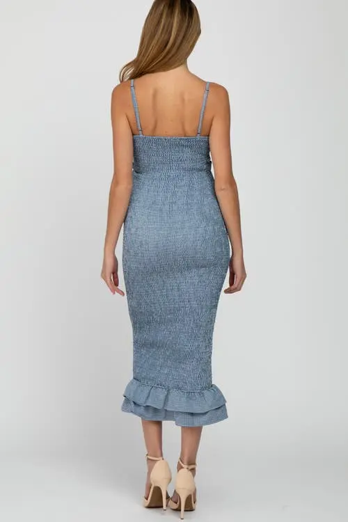 PINKBLUSH Gingham Print Smocked Maternity Midi Dress - Blue