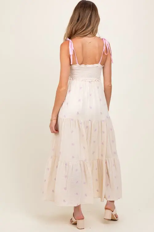 PINKBLUSH Embroidered Smocked Shoulder Tie Maternity Maxi Dress - Cream