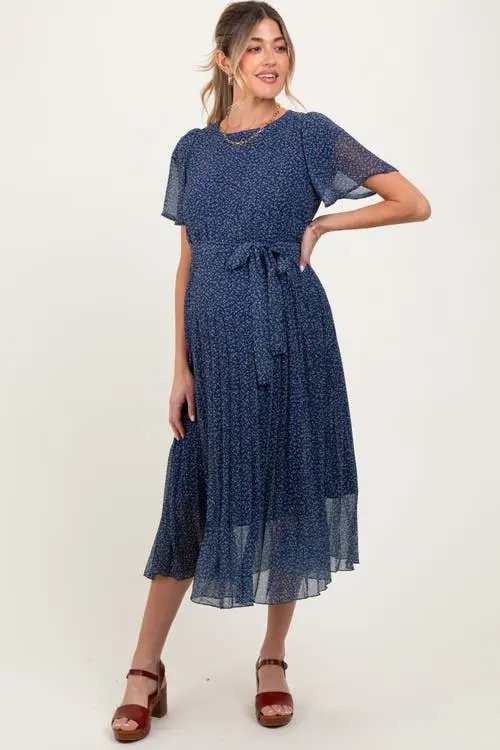 PINKBLUSH Leaf Print Pleated Midi Maternity Dress - Navy Blue