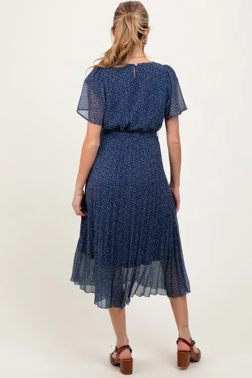 PINKBLUSH Leaf Print Pleated Midi Maternity Dress - Navy Blue
