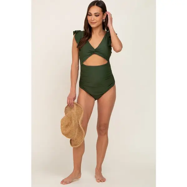 PINKBLUSH Cutout Flutter One-piece Swimsuit - Olive Green