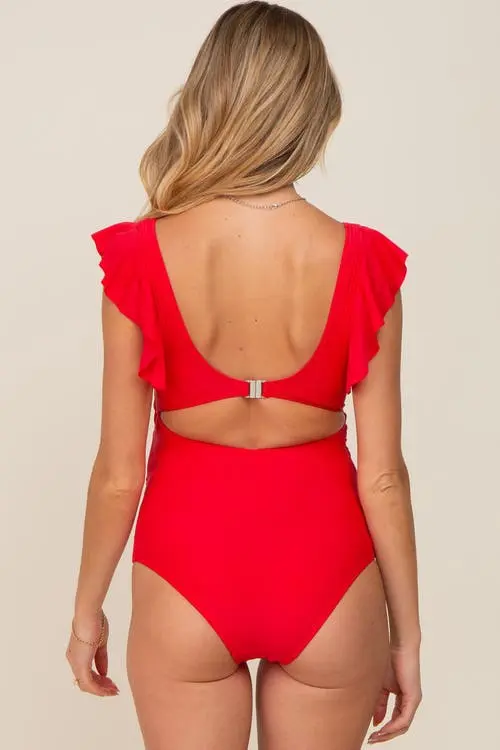 PINKBLUSH Cutout Flutter One-piece Swimsuit - Red