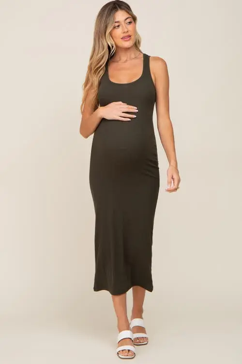 PINKBLUSH Ribbed Basic Maxi Dress - Olive Green