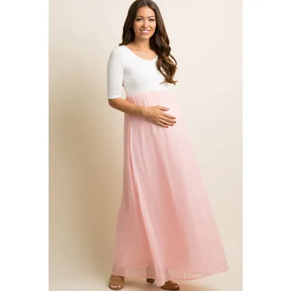 PINKBLUSH Petite Chiffon Colorblock Maternity Maxi Dress - Light Pink
