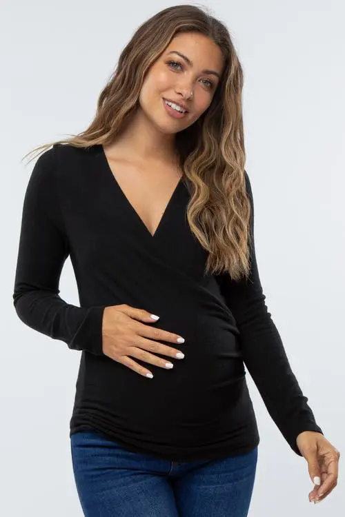 PINKBLUSH Brushed Knit Wrap Front Top - Black