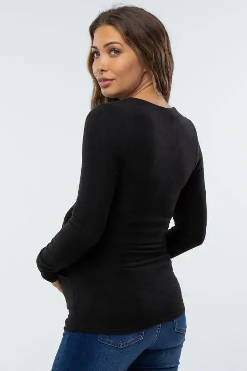 PINKBLUSH Brushed Knit Wrap Front Top - Black