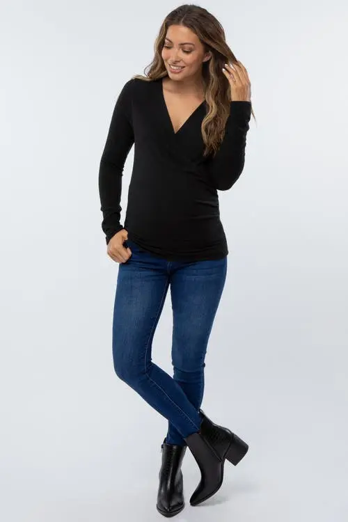 PINKBLUSH Brushed Knit Wrap Front Top - Black