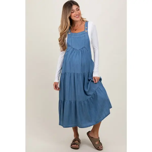 PINKBLUSH Chambray Overall Tiered Midi Dress