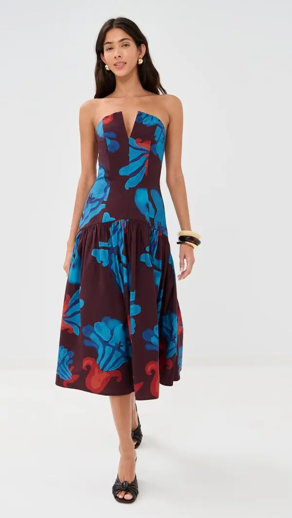 DE LORETA Ariel Floral Print Strapless Midi Dress