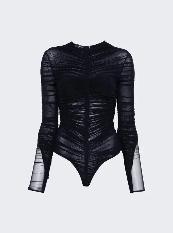 MUGLER Mesh Ruched Bodysuit - Black