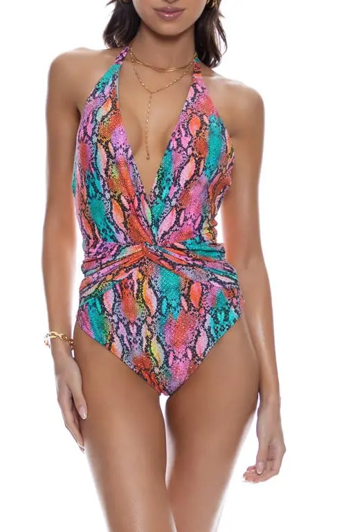 Luli Fama Front Twist Halter One Piece - Multi-purple