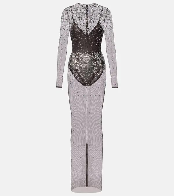 Alex Perry Crystal-embellished Mesh Maxi Dress - Brown