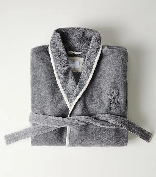 Brunello Cucinelli Logo Linen-trimmed Cotton Terry Bathrobe - Grey