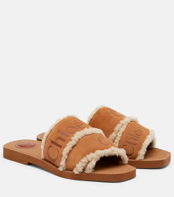 Chloé Woody Logo Suede Slides - Brown