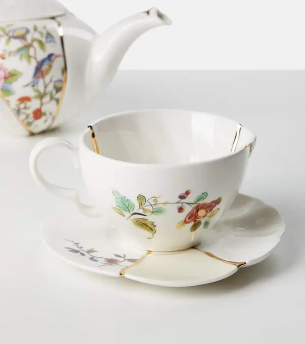 SELETTI Kintsugi Gold-plated Porcelain Teacup And Saucer Set Marcantonio Raimondi Malerba - Multicoloured