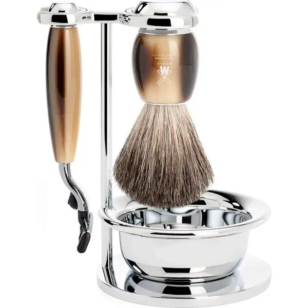 MUHLE Vivo 4-piece Pure Badger & Mach-3 Shaving Set - Brown Horn