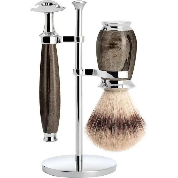 MUHLE Purist Silvertip Fibre Brush And Safety Razor Shaving Set - Grained Beech