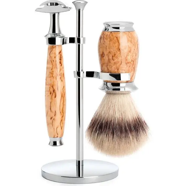 MUHLE Purist Karelian 3-piece Silvertip Fiber & Safety Razor Shaving Set - Masur Birch
