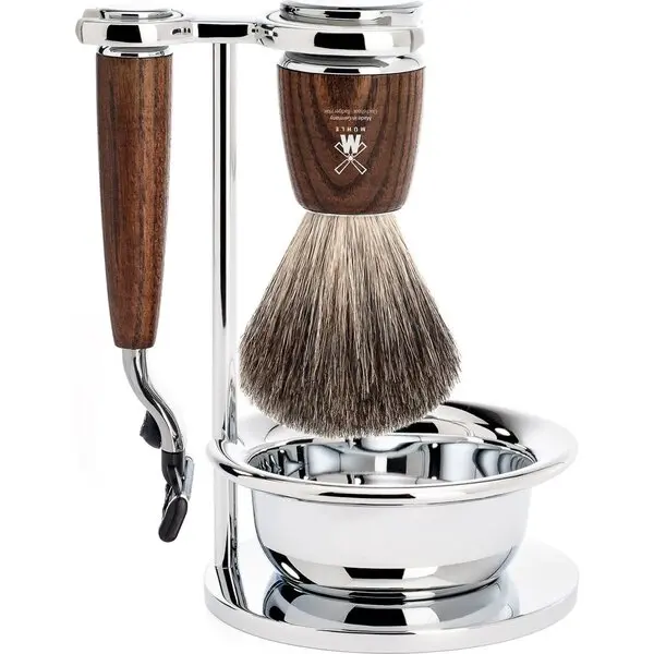 MUHLE Rytmo 4-piece Pure Badger & Mach-3 Shaving Set - Steamed Ash