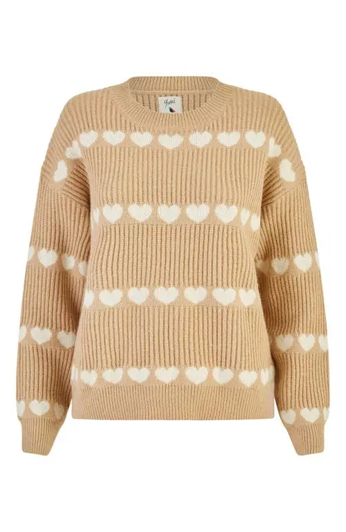 YUMI Knitted Heart Striped Sweater - Oatmeal