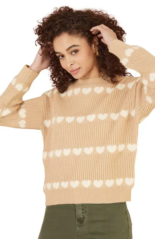 YUMI Knitted Heart Striped Sweater - Oatmeal