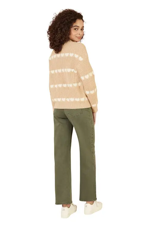 YUMI Knitted Heart Striped Sweater - Oatmeal