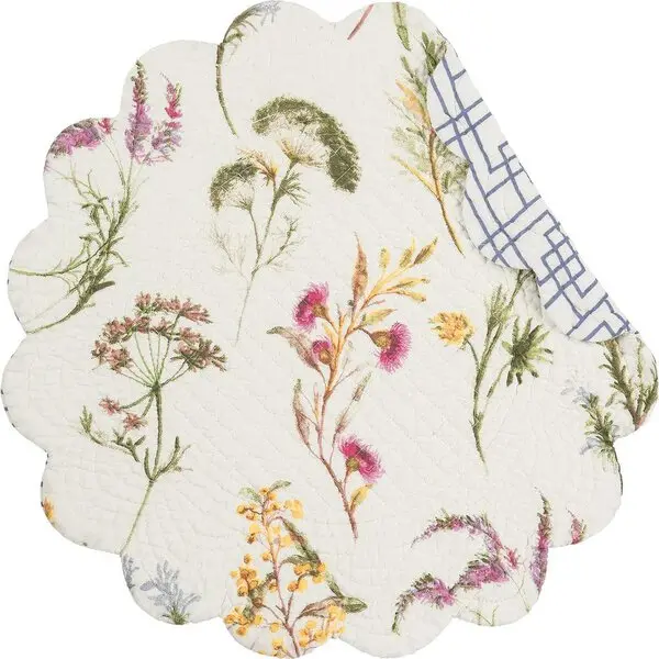 C&F HOME Genevieve Floral Flowers Botanical Round Cotton Quilted Spring Summer Placemats, Set Of 6 - Green