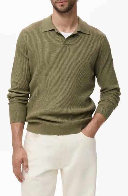Mango Johnny Collar Ribbed Polo Sweater - Medium Green