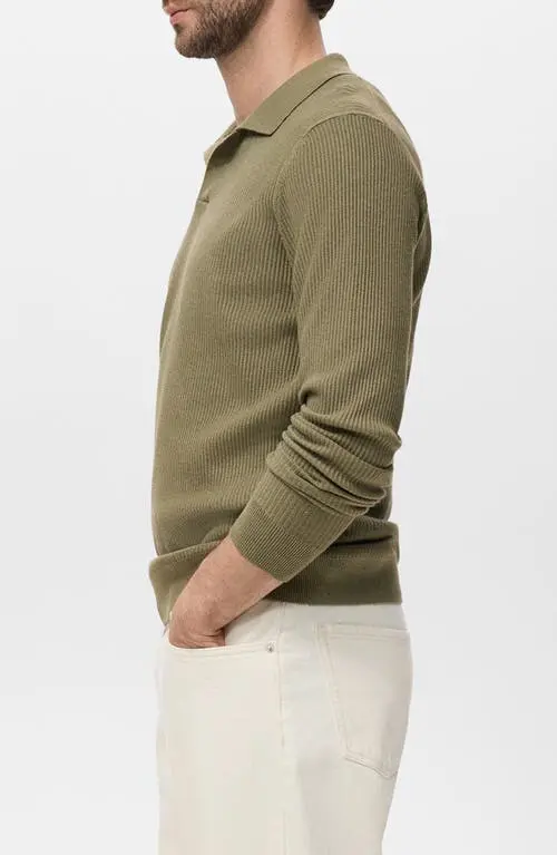 Mango Johnny Collar Ribbed Polo Sweater - Medium Green