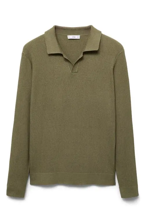 Mango Johnny Collar Ribbed Polo Sweater - Medium Green