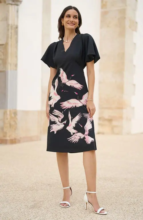 YUMI Crane Print Midi Dress - Black