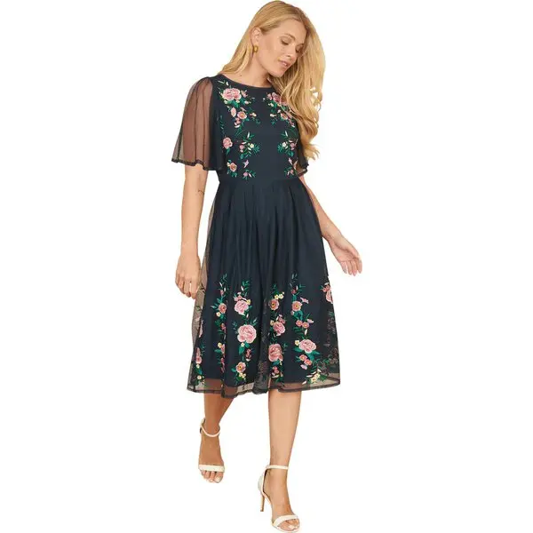 YUMI Embroidered Mesh Sleeve Dress