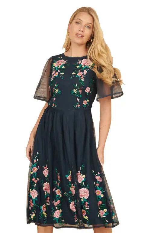 YUMI Embroidered Mesh Sleeve Dress