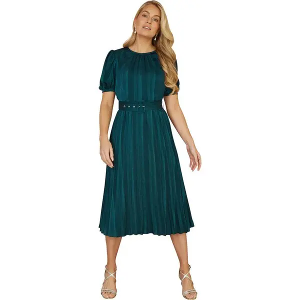 YUMI Satin Pleated Stripe Midi Dress - Green