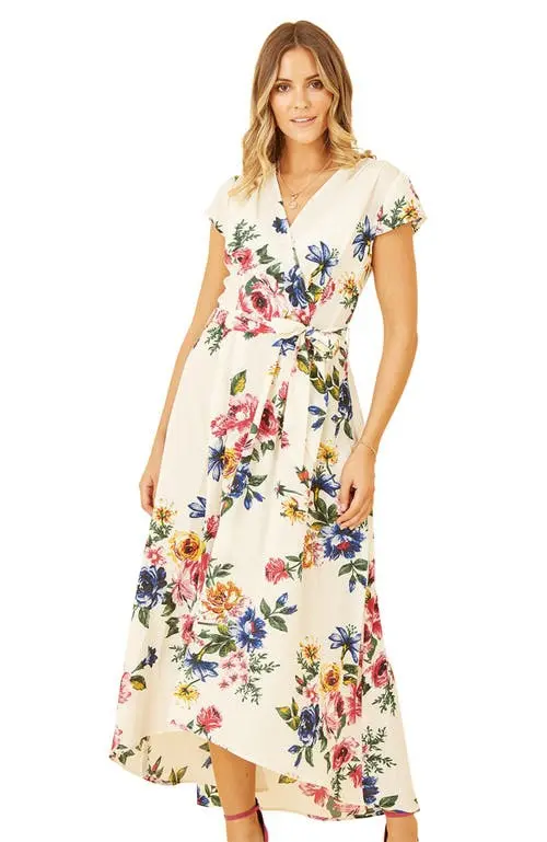 YUMI Floral Print Dip Hem Wrap Midi Dress - Ivory