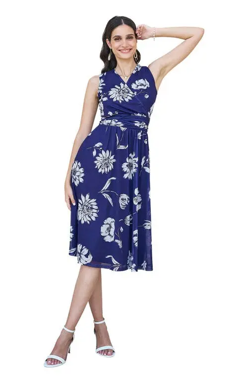 YUMI Floral Print Stretch Mesh Midi Dress - Navy