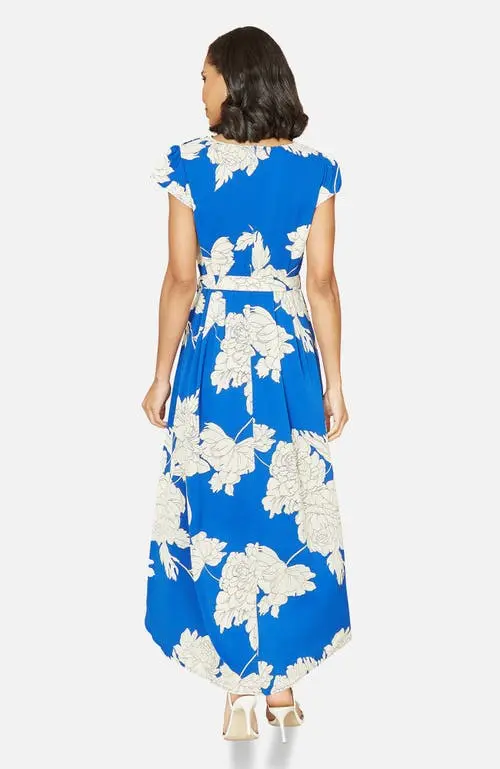 YUMI Blossom Print Dipped Hem Wrap Midi Dress - Blue