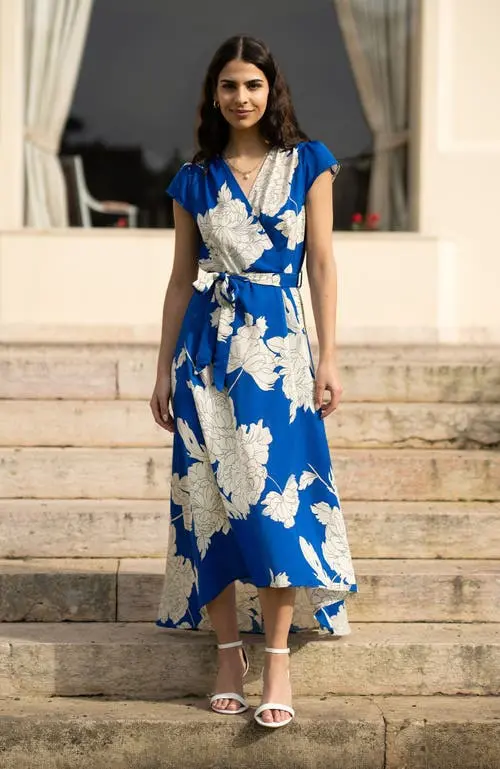 YUMI Blossom Print Dipped Hem Wrap Midi Dress - Blue