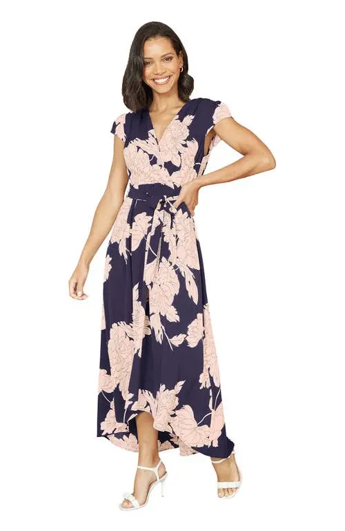 YUMI Blossom Print Dipped Hem Wrap Midi Dress - Navy
