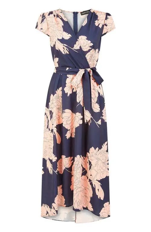 YUMI Blossom Print Dipped Hem Wrap Midi Dress - Navy