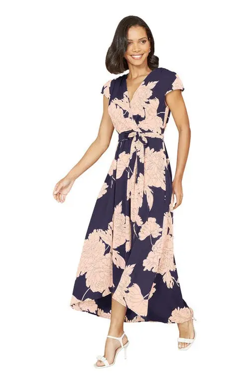 YUMI Blossom Print Dipped Hem Wrap Midi Dress - Navy