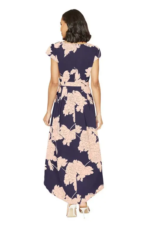 YUMI Blossom Print Dipped Hem Wrap Midi Dress - Navy